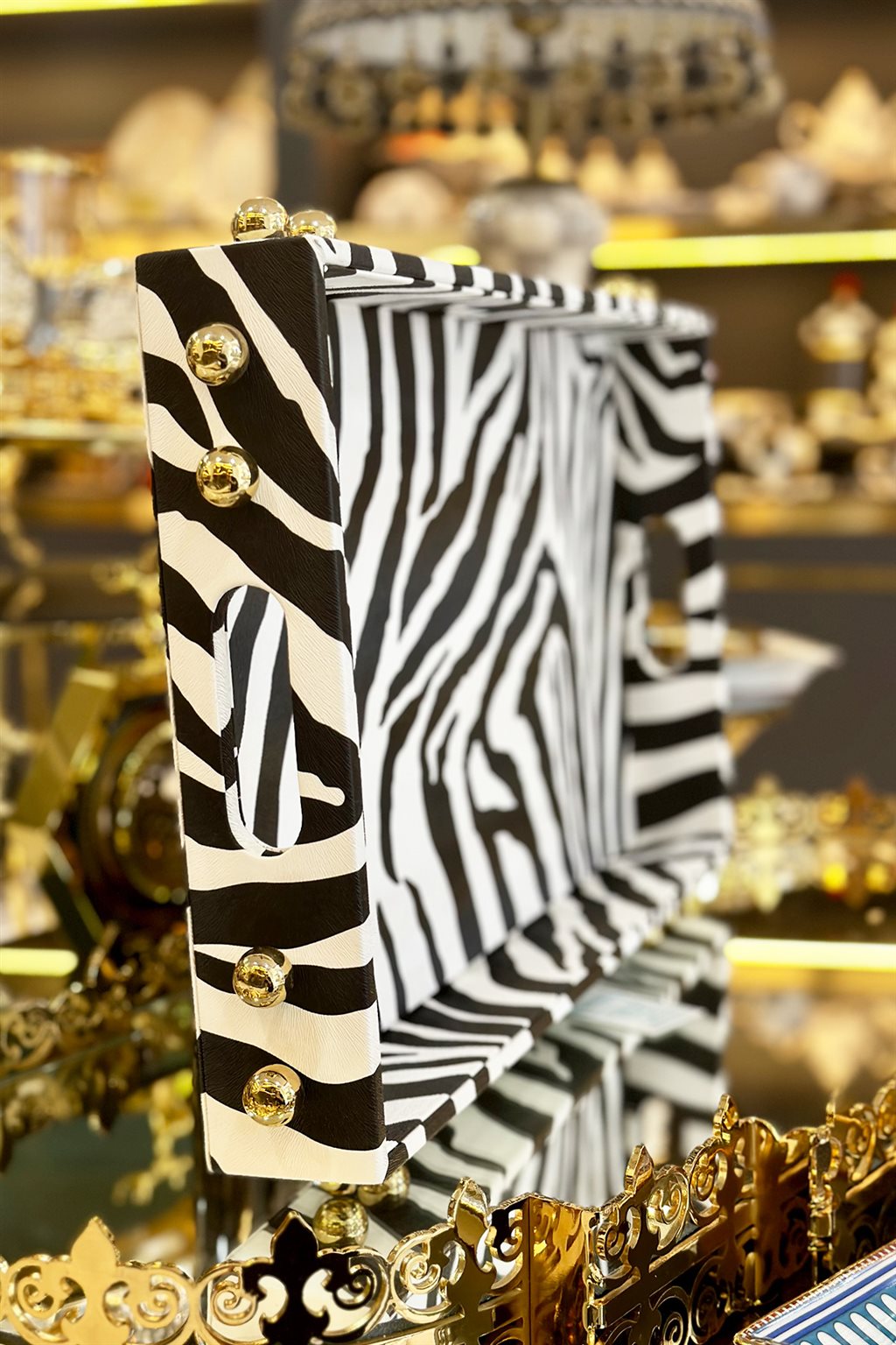 Decorative Gold Detailed Zebra Leather Tray