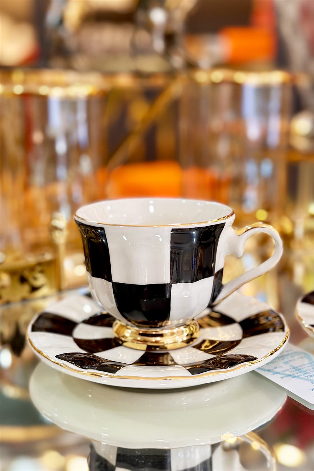 Checkered Black Gold Footed Single Teacup Set