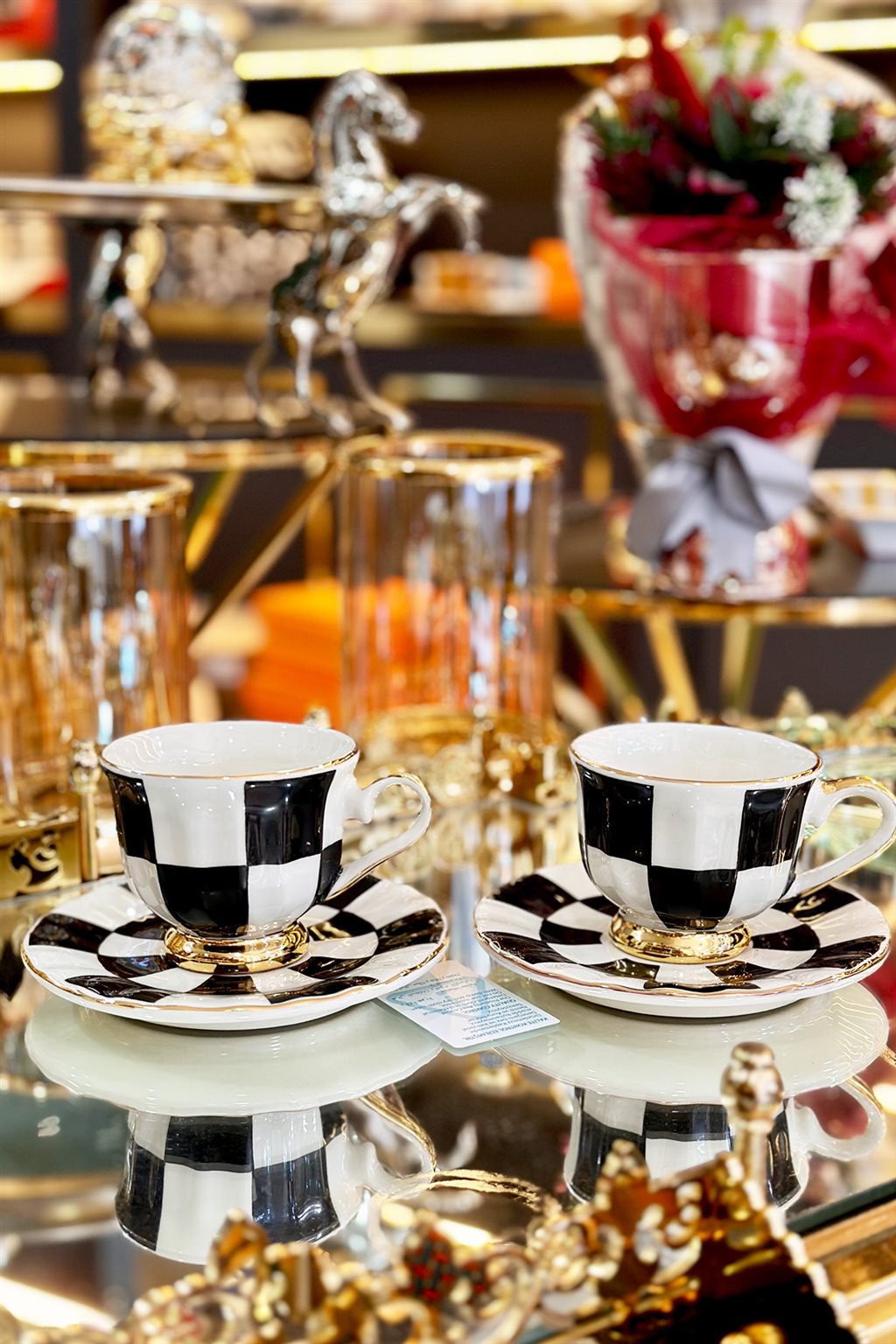 Checkered Black Gold Footed Single Teacup Set