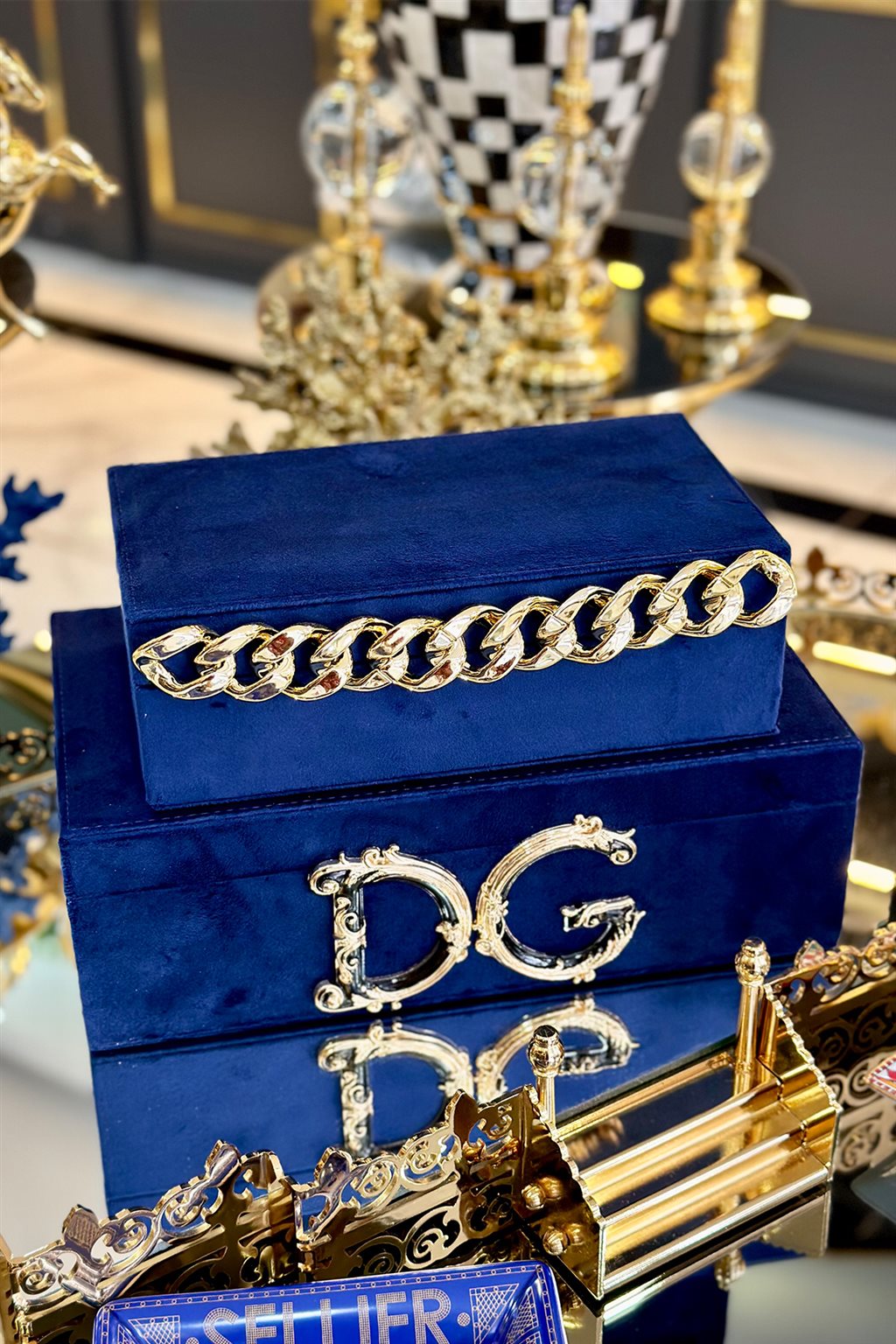 Decorative DG Pattern Navy Blue 2-Pack Velvet Box