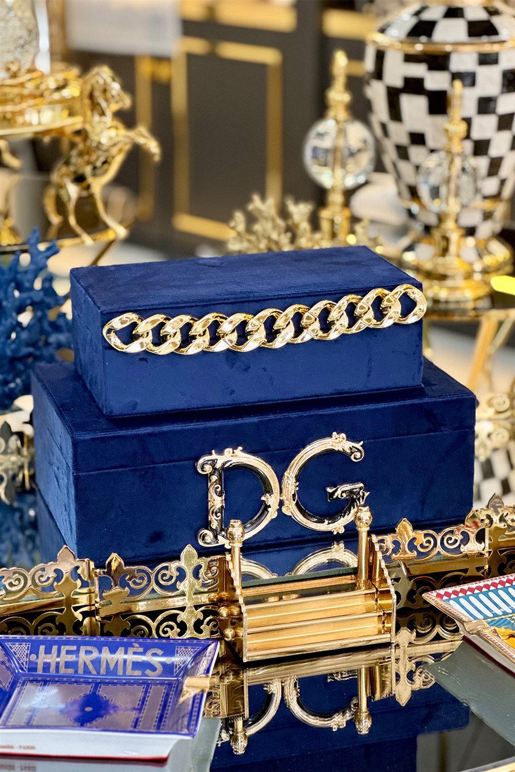 Decorative DG Pattern Navy Blue 2-Pack Velvet Box